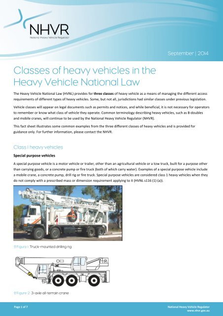 Classes of heavy vehicles in the Heavy Vehicle National Law