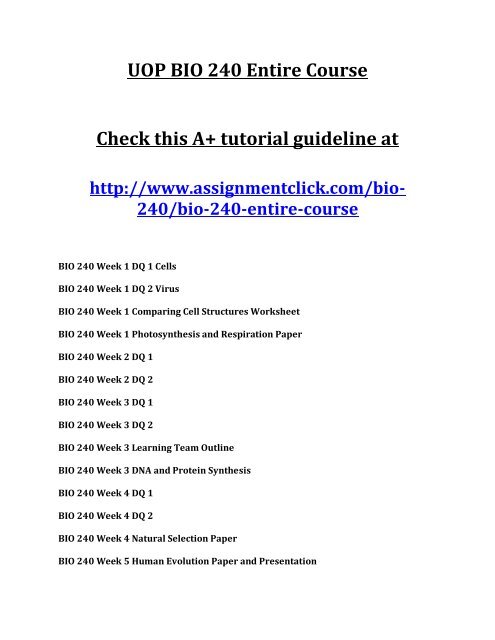UOP BIO 240 Entire Course