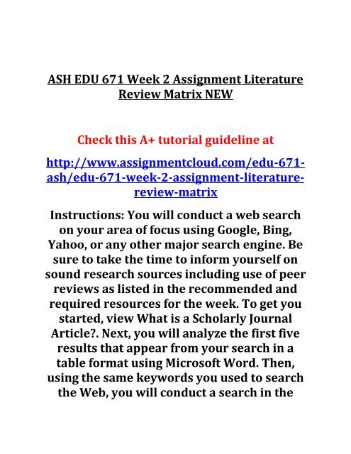 ASH EDU 671 Week 2 Assignment Literature Review Matrix NEW