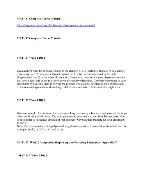MAT 117 Complete Course Material