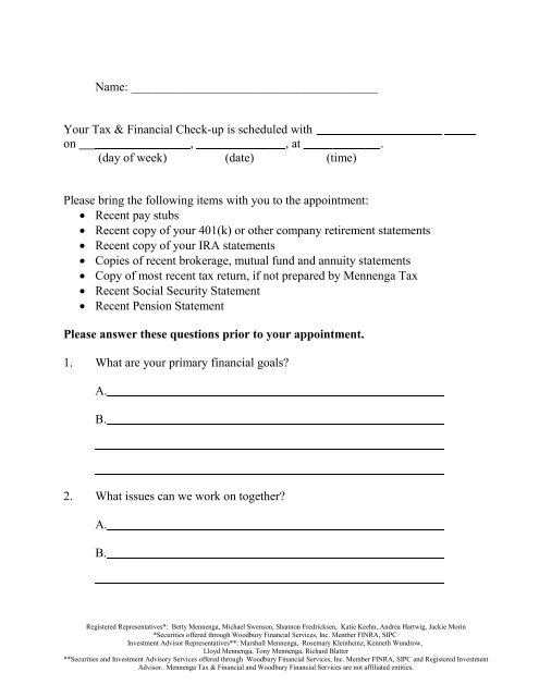 Financial Goals Questionnaire - Mennenga Tax & Financial Service