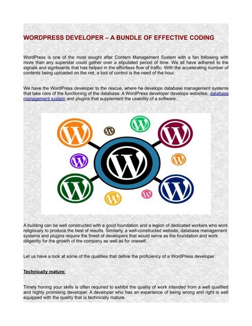 WORDPRESS DEVELOPER – A BUNDLE OF EFFECTIVE CODING WORDPRESS DEVELOPER – A BUNDLE OF EFFECTIVE CODING