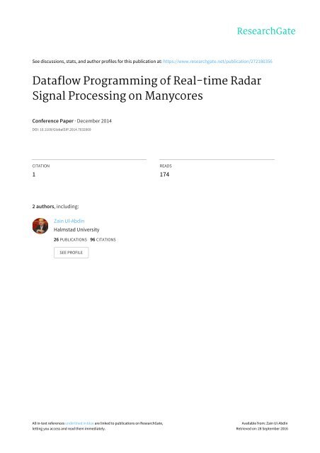 Dataflow Programming Of Real Time Radar Signal Processing On Manycores