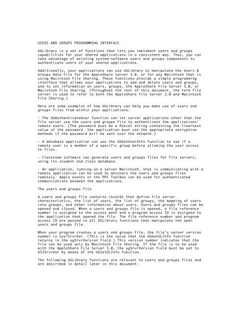 Apple AppleShare 3.0 Users and Groups Programming Interface (Manual ...