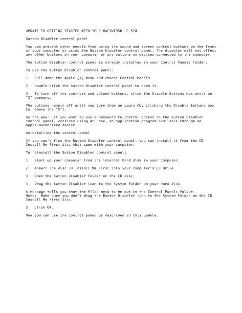 Apple Macintosh LC 520 Update to Getting Started - Macintosh LC 520 ...