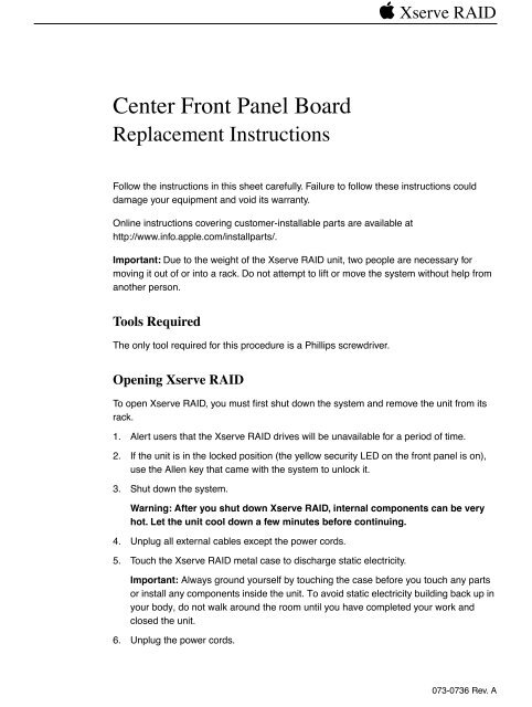 Apple Xserve RAID - Center Front Panel Board - Replacement Instructions ...