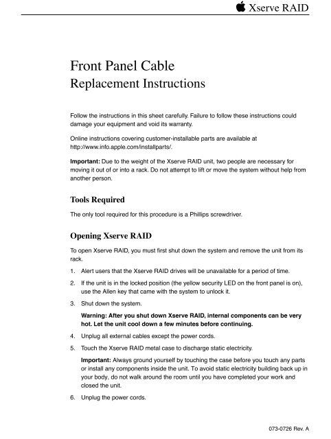 Apple Xserve RAID - Front Panel Cable - Replacement Instructions - Xserve RAID - Front Panel ...