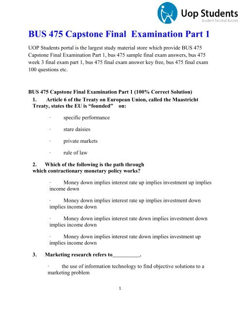 UOP Students : BUS 475 Capstone Final Examination Part 1 - Business ...
