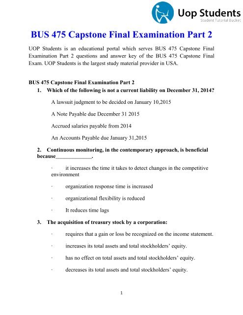 BUS 475 Capstone Final Examination Part 2