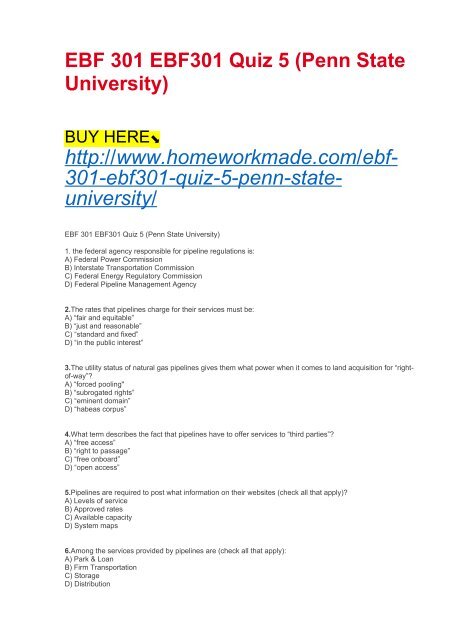 EBF 301 EBF301 Quiz 5 (Penn State University)