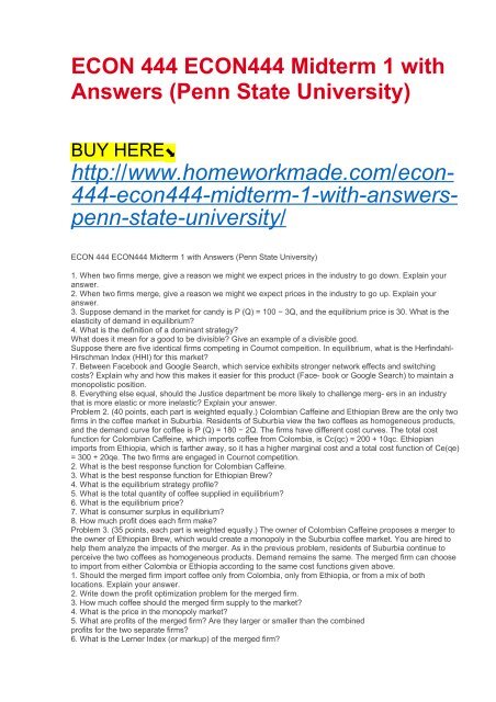 ECON 444 ECON444 Midterm 1 with Answers (Penn State University)