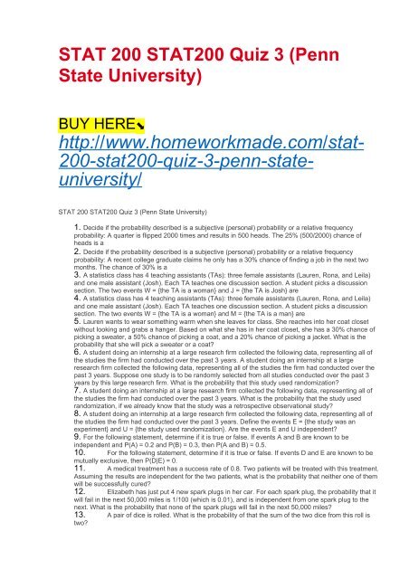 STAT 200 STAT200 Quiz 3 (Penn State University)