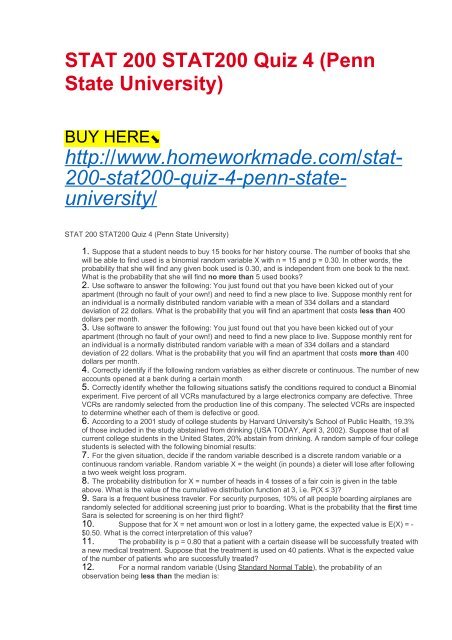 STAT 200 STAT200 Quiz 4 (Penn State University)