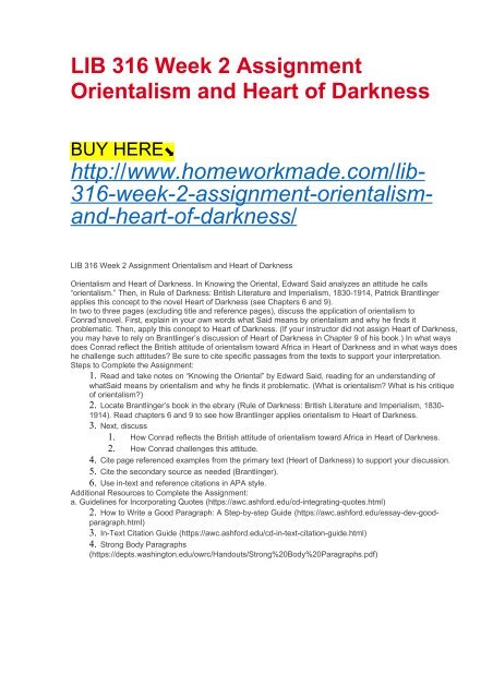 LIB 316 Week 2 Assignment Orientalism and Heart of Darkness