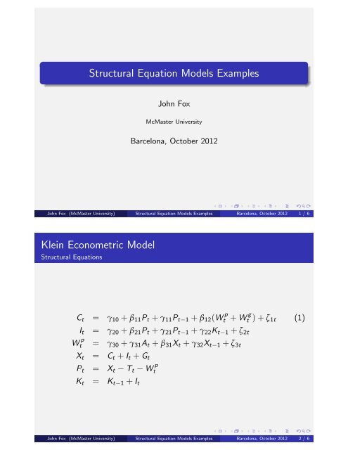 Structural Equation Models Examples Klein Econometric Model