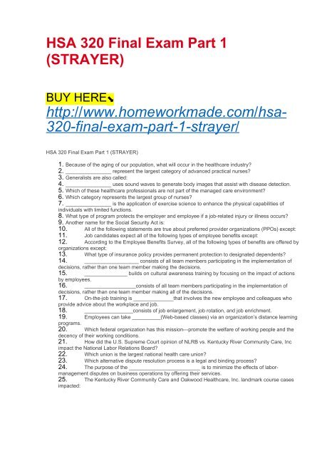 HSA 320 Final Exam Part 1 (STRAYER)