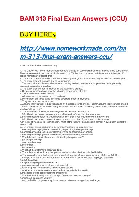 BAM 313 Final Exam Answers (CCU)