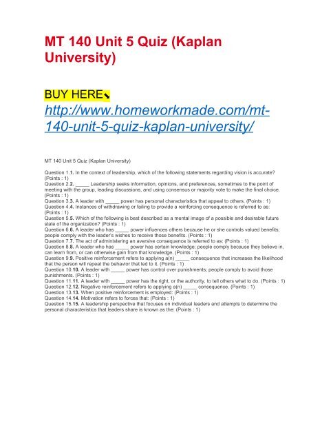 MT 140 Unit 5 Quiz (Kaplan University)