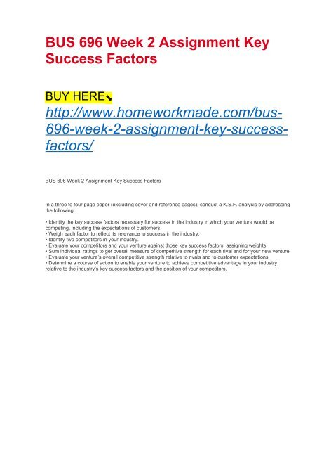 BUS 696 Week 2 Assignment Key Success Factors