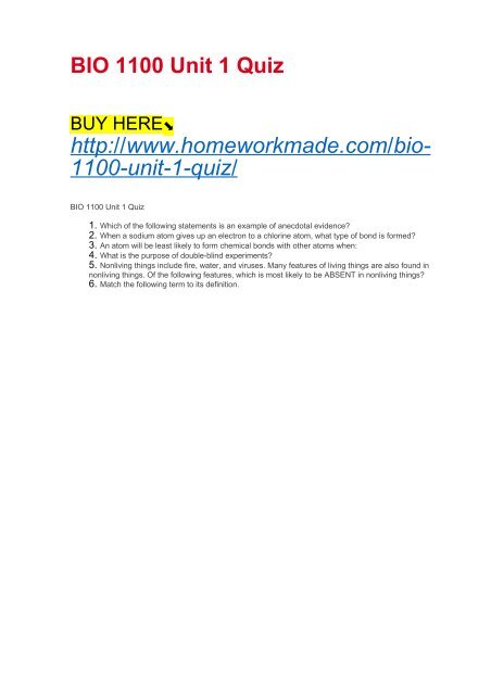 BIO 1100 Unit 1 Quiz
