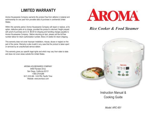 Aroma Rice Cooker ARC-851F (ARC-851F) - ARC-851F Instruction Manual ...