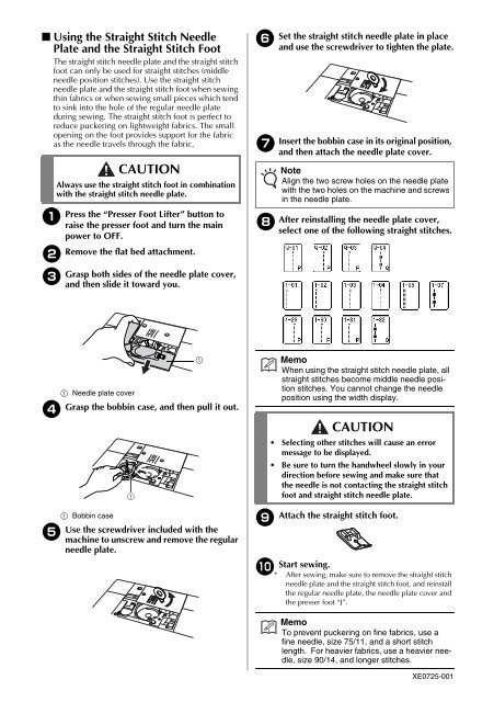 Brother QC-1000 - Operation Manual Addendum (Using the Straight Stitch Needle Plate and the ...