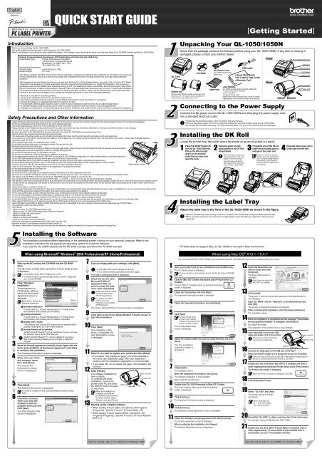 Brother QL-1050 - Quick Start Guide