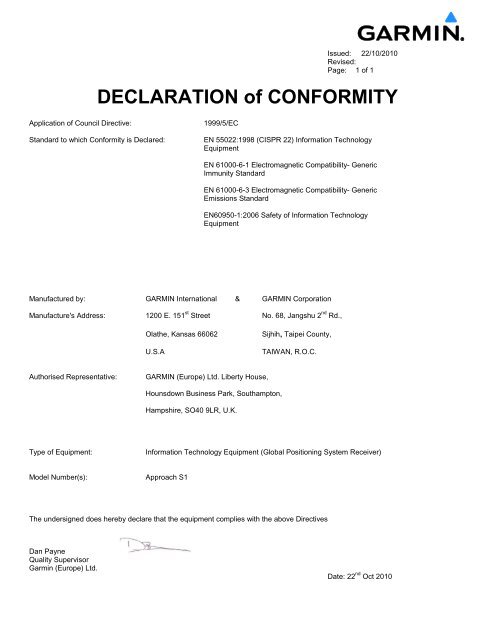 Garmin Approach® S1, Australia and New Zealand - Declaration of Conformity