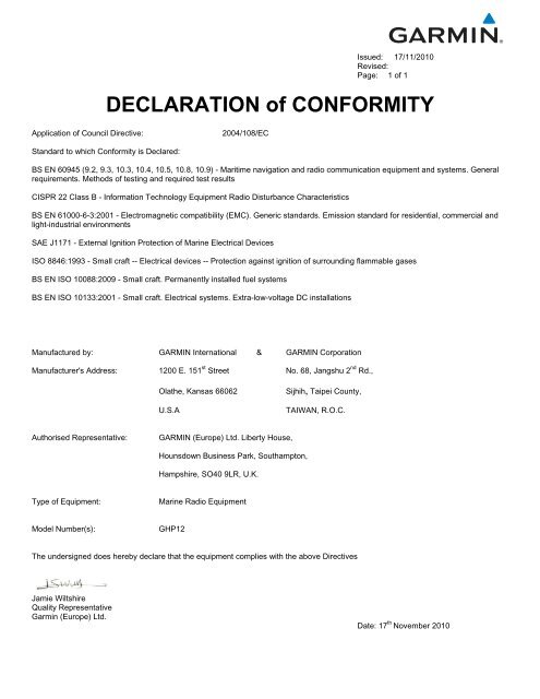 Garmin GHP™ 12 Autopilot System - Declaration of Conformity