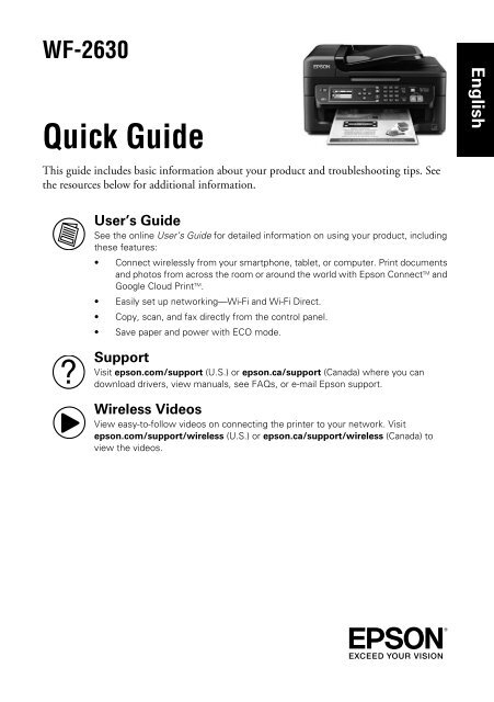 Epson Epson WorkForce WF-2630 All-in-One Printer - Quick Guide and Warranty