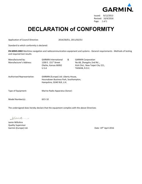 Garmin Gcv™ 10 Scanning Sonar Module Declaration Of Conformity