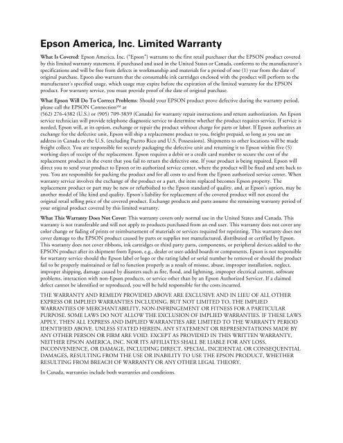 Epson Epson Stylus CX5400 All-in-One Printer - Warranty Statement