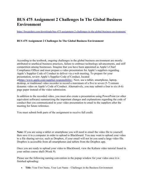 BUS 475 Assignment 2 Challenges In The Global Business Environment