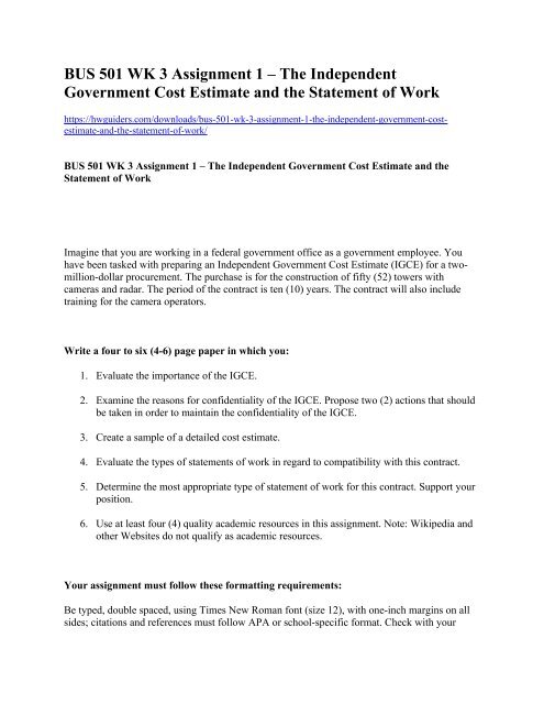 BUS 501 WK 3 Assignment 11 – The Independent Government Cost Estimate ...