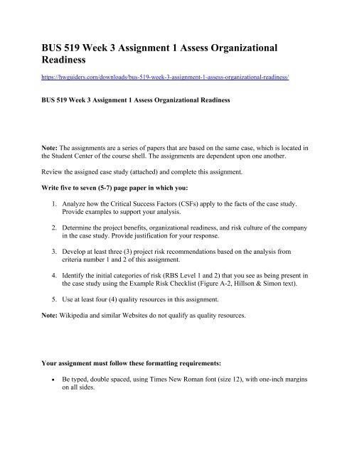 BUS 519 Week 3 Assignment 1 Assess Organizational Readiness