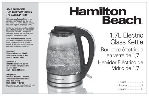 Hamilton Beach 1.7 Liter Glass Kettle (40865) - Use and Care Guide