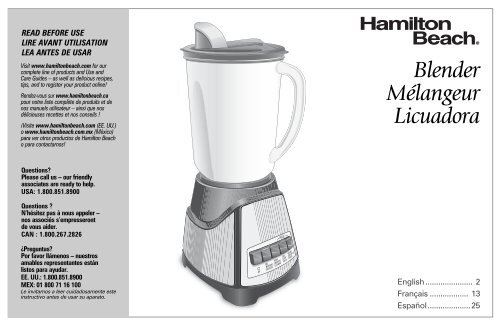 Hamilton Beach Power Elite® Blender (58148) - Use and Care Guide