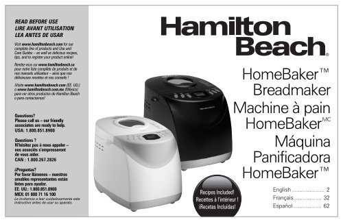 Hamilton Beach HomeBaker™ 2 Lb. Breadmaker (29882) - Use and Care Guide