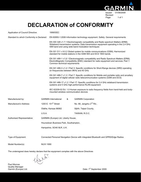 Garmin nüLink!® 1690 LIVE - Declaration of Conformity