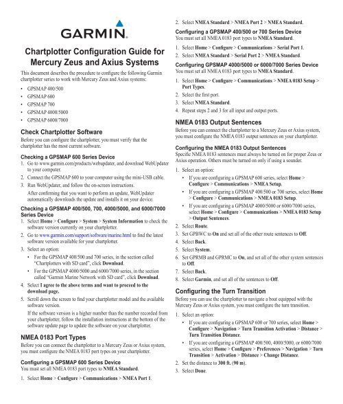 Garmin GPSMAP 4212 - Chartplotter Configuration Guide for Mercury Zeus and Axius Systems