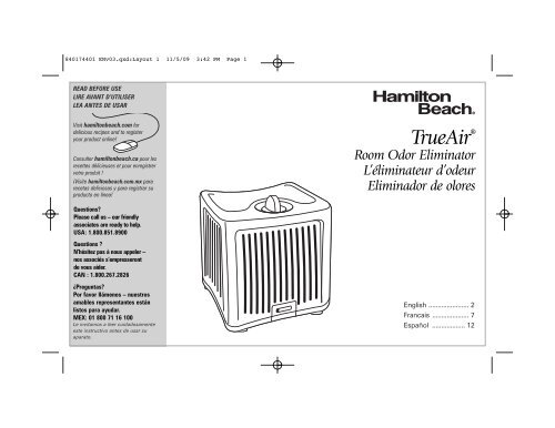 Hamilton Beach TrueAir® Room Odor Eliminator (04532GM) - Use and Care Guide
