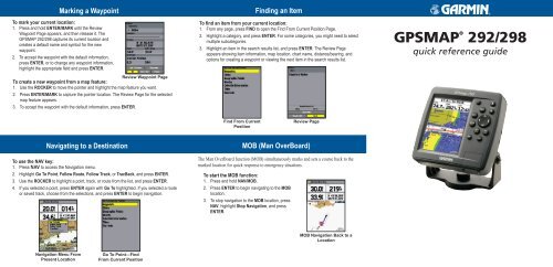 Garmin GPSMAP 292 - Quick Reference Guide