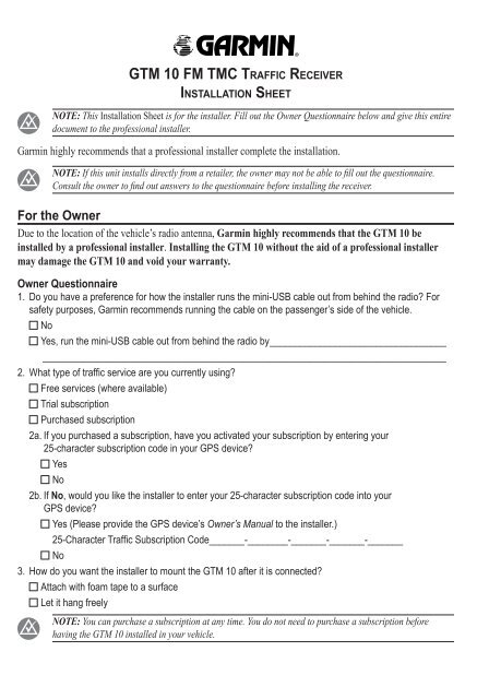 Garmin GTM™ 10 - Installation Sheet