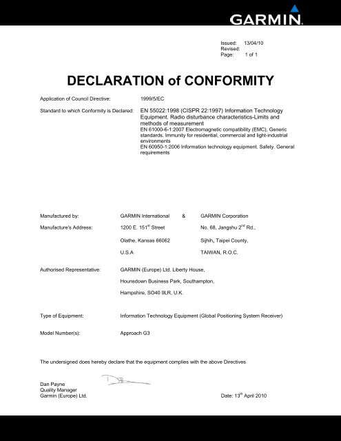 Garmin Approach® G3, Europe - Declaration of Conformity