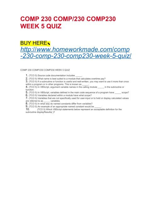 COMP 230 COMP:230 COMP230 WEEK 5 QUIZ