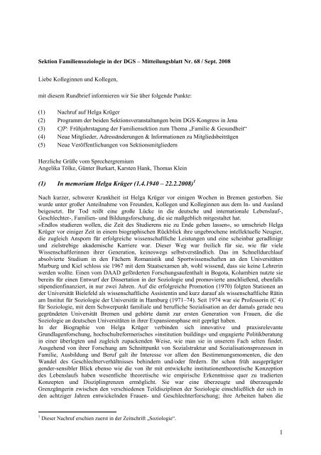 In memoriam Helga Krüger - Sektion Familiensoziologie