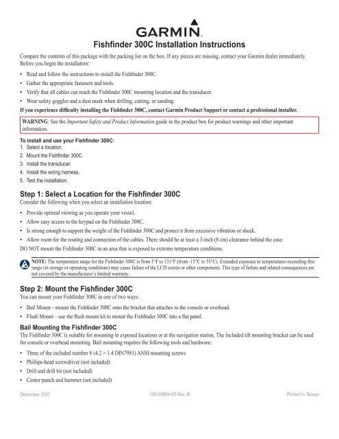 Garmin Fishfinder 300C - Installation Instructions