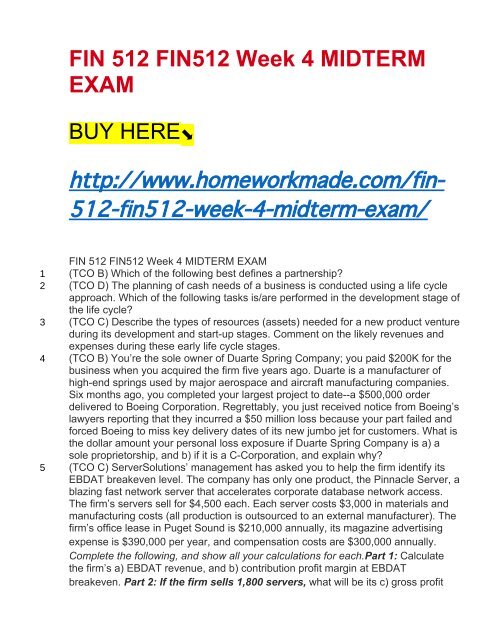 FIN 512 FIN512 Week 4 MIDTERM EXAM FIN 512 FIN512 Week 4 MIDTERM EXAM
