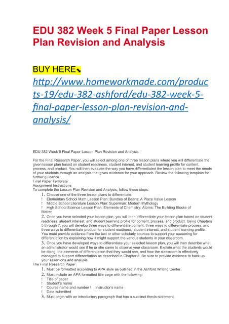 EDU 382 Week 5 Final Paper Lesson Plan Revision and Analysis