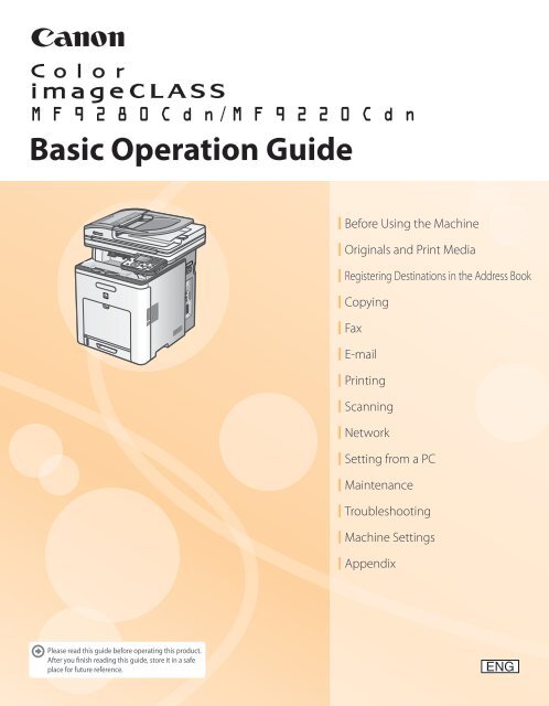 Canon Color imageCLASS MF9280Cdn - imageCLASS MF9280Cdn/MF9220Cdn Basic Operation Guide